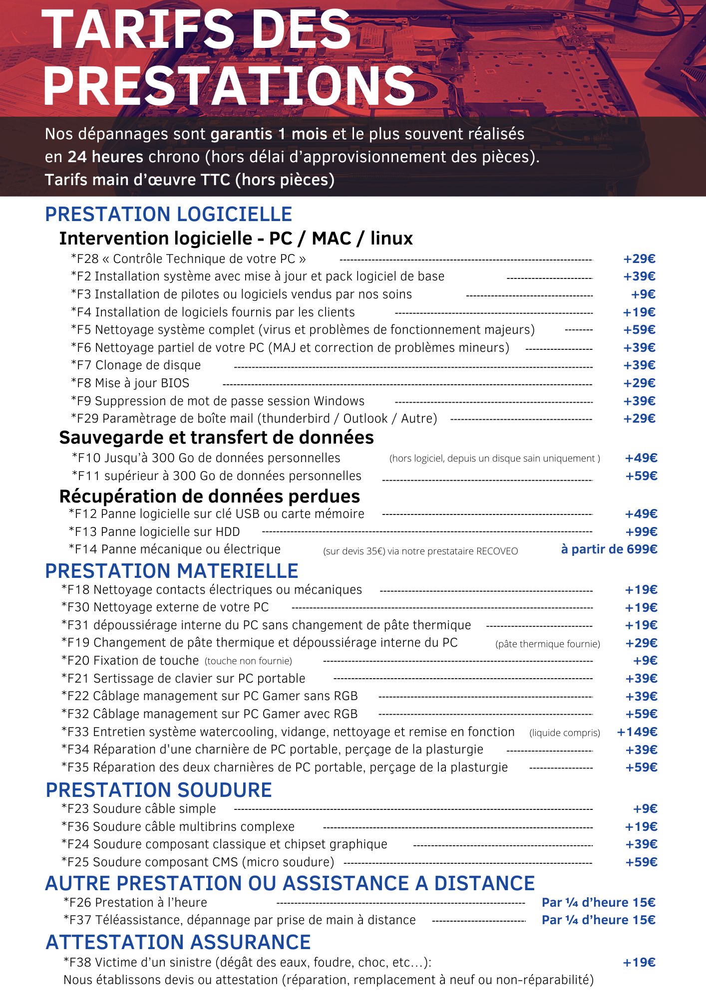 Tarifs prestations et dépannages - Magasin ou à domicile - Microfun88